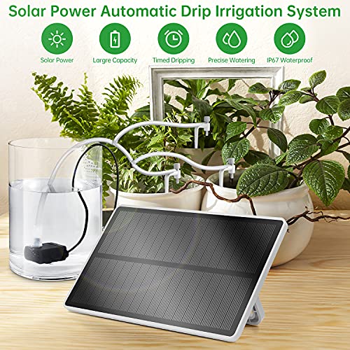 Solar Power Rechargeable Drip Irrigation Kit,Automatic Self-watering Plant Watering System with Timer,Easy DIY Vacation Self Watering Device for Indoor&Outdoor Potted Plant(15~270 Days Duration,White) (White)