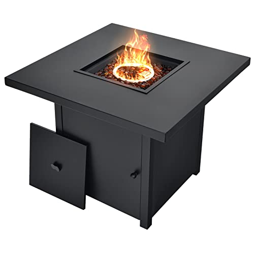 Tangkula 32 Inch Propane Fire Pit Table, Patiojoy 40,000 BTU Auto Ignition Square Gas Fire Table with Removable Lid, Fire Glass, Adjustable Flame, CSA Approved, Suitable for Balcony, Garden, Poolside