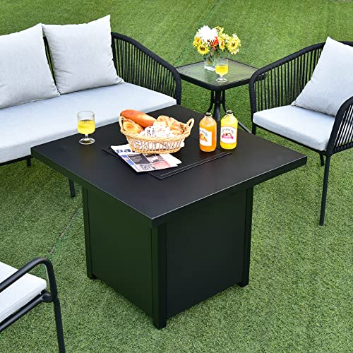 Tangkula 32 Inch Propane Fire Pit Table, Patiojoy 40,000 BTU Auto Ignition Square Gas Fire Table with Removable Lid, Fire Glass, Adjustable Flame, CSA Approved, Suitable for Balcony, Garden, Poolside