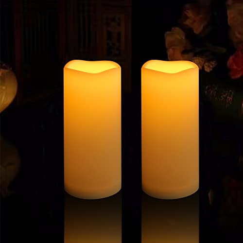 Waterproof Outdoor Battery Operated Flameless Candles with Cycling Timer, Realistic Flickering Plastic Fake Electric LED Pillar Lights for Garden Wedding Party Halloween Christmas Decor 3x7 Inches