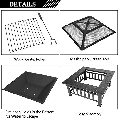 Fireplace, 32" Fire Pit BBQ Square Table Backyard Patio Garden Stove Wood Burning