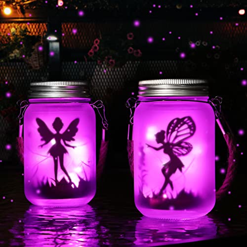 Alritz 2 Pack Solar Lantern Fairy Lights, Garden Ornament Lights - Outdoor Hanging Frosted Glass Mason Jar Lights for Tree, Table, Yard, Garden, Patio, Lawn (Rose)