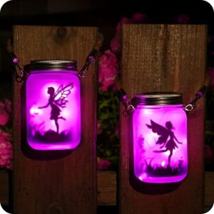 Alritz 2 Pack Solar Lantern Fairy Lights, Garden Ornament Lights - Outdoor Hanging Frosted Glass Mason Jar Lights for Tree, Table, Yard, Garden, Patio, Lawn (Rose)