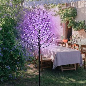 fuchsun solar blossom tree 6 ft garden led tree light with 200 flowers outdoor pathway light tall artificial tree for spring decoration (purple)