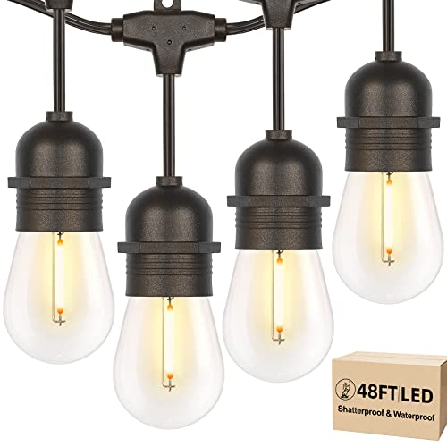 48FT LED Outdoor String Lights S14 Waterproof Shatterproof Patio Lights with 15 Sockets Dimmable Light Strings with Edison Bulbs Connectable Commercial Grade Hanging Lights for Party Garden Porch