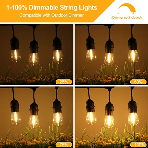 48FT LED Outdoor String Lights S14 Waterproof Shatterproof Patio Lights with 15 Sockets Dimmable Light Strings with Edison Bulbs Connectable Commercial Grade Hanging Lights for Party Garden Porch