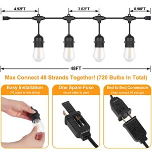 48FT LED Outdoor String Lights S14 Waterproof Shatterproof Patio Lights with 15 Sockets Dimmable Light Strings with Edison Bulbs Connectable Commercial Grade Hanging Lights for Party Garden Porch