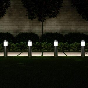 pure garden 50-lg1062 solar path bollard, set of 6-15” stainless steel outdoor stake lighting for garden landscape, yd, driveway, walkway (silver)