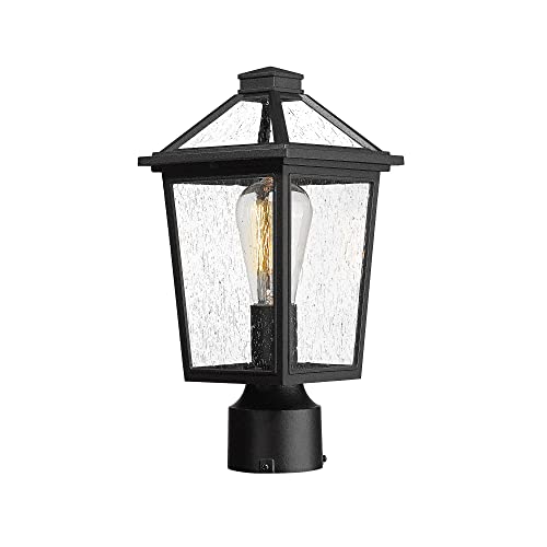 zeyu Farmhouse Outdoor Post Light Fixture, 13.4 Inch Column Lamp Post Lantern for Garden Patio House, Die-Cast Aluminum in Black Finish, Seeded Glass Shade, ZX58P BK