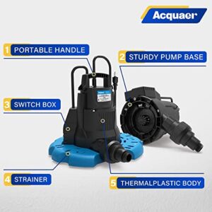 Acquaer 1/4 HP Automatic Swimming Pool Cover Pump, 115 V Submersible Pump with 3/4” Check Valve Adapter & 25ft Power Cord, 2250 GPH Water Removal for Pool, Hot Tubs, Rooftops, Water Beds and more