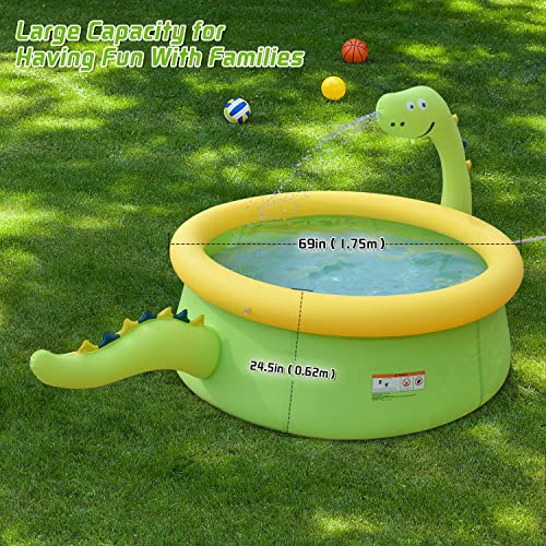 Inflatable Above Ground Family Size Pop up Pool for Kids Kiddie Kiddy Toddler Adult Hard Plastic Dinosaur Sprinkler Round Top Ring Pools for Outdoor Garden Backyard Summer Water Party 70" X 25"