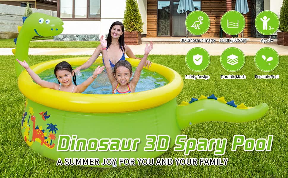 Inflatable Above Ground Family Size Pop up Pool for Kids Kiddie Kiddy Toddler Adult Hard Plastic Dinosaur Sprinkler Round Top Ring Pools for Outdoor Garden Backyard Summer Water Party 70" X 25"