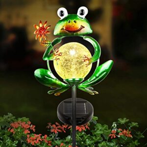 lunsy garden solar lights outdoor decorative, metal frog shape, outdoor waterproof stake lights with 2 feet, auto on/off solar powered light for lawn, backyard, patio, pathway