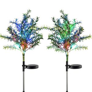 idefair solar garden lights tree outdoor multi-color changing led stake lights flower for garden, patio, yard and decoration solar flickering tree lights (tree,2 pack)