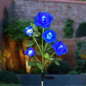 2 pack solar rose flower lights, solar rose stake lights outdoor waterproof for garden, patio, lawn, yard, party, wedding (blue)