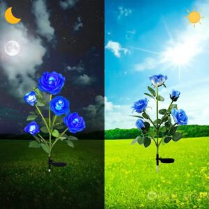 2 Pack Solar Rose Flower Lights, Solar Rose Stake Lights Outdoor Waterproof for Garden, Patio, Lawn, Yard, Party, Wedding (Blue)