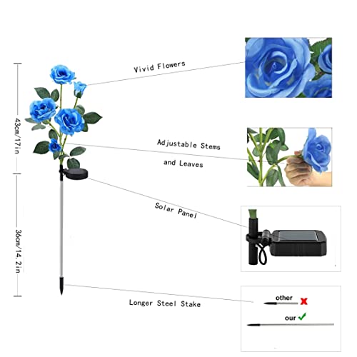 2 Pack Solar Rose Flower Lights, Solar Rose Stake Lights Outdoor Waterproof for Garden, Patio, Lawn, Yard, Party, Wedding (Blue)