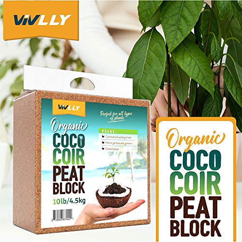 Compressed Coco Coir Block 10 Pounds, Natural Seed Starter with Low EC and pH Balance, Enhance Root Growth in Herbs, Flowers, and House Plants, Organic with High Expansion - by Vivlly