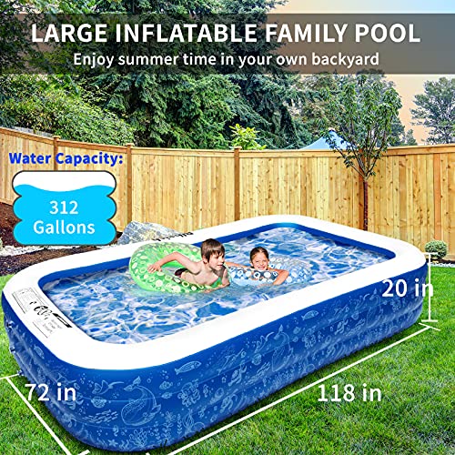 Inflatable Swimming Pool, 118" X 72" X 20" Full-Sized Family Pool, Kiddie Pool, Blow Up Pool for Baby, Kids, Kiddie, Adult Inflatable Pool for Backyard, Outdoor, Garden, Ground & Summer Water Party