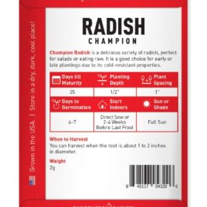 Radish Seeds for Planting - Champion Variety Heirloom, Non-GMO Vegetable Seed - 2 Grams of Seeds Great for Outdoor Spring, Winter and Fall Gardening by Gardeners Basics