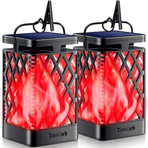 tomcare solar outdoor lights, red flickering flame solar lanterns outdoor waterproof hanging lights upgraded led solar garden lights decorative solar landscape lights for patio deck yard, 2 pack