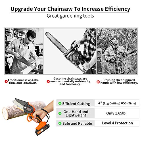 POTENCO Mini Chainsaw, Small Handheld Power Chain Saws, Powered Mini Chainsaws Cordless with Security Lock and 2 Battery, 4-Inch Electric Chainsaw for Tree Branch Wood Cutting