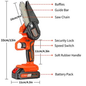 POTENCO Mini Chainsaw, Small Handheld Power Chain Saws, Powered Mini Chainsaws Cordless with Security Lock and 2 Battery, 4-Inch Electric Chainsaw for Tree Branch Wood Cutting