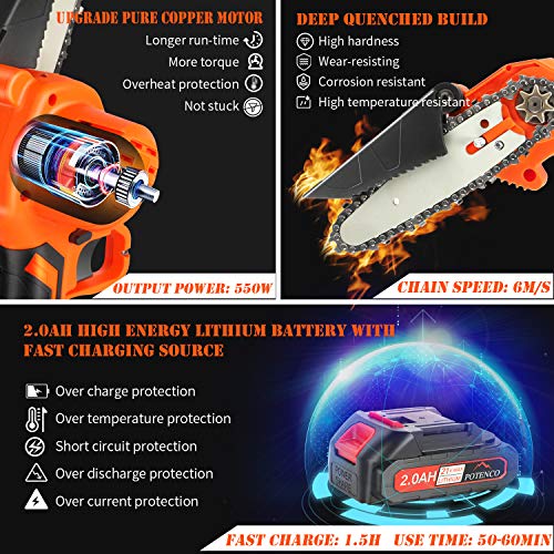 POTENCO Mini Chainsaw, Small Handheld Power Chain Saws, Powered Mini Chainsaws Cordless with Security Lock and 2 Battery, 4-Inch Electric Chainsaw for Tree Branch Wood Cutting