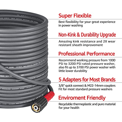 YAMATIC Super Flexible Pressure Washer Hose 50FT X 1/4", Kink Resistant Real 3200 PSI Heavy Duty Power Washer Extension Replacement Hose With M22-14mm x 3/8" Quick Connect Kit For Gas & Electric, Grey