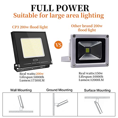 CP3 200W LED Flood Light 2 Pack, Super Bright 17500lm Security Lights with Plug, IP66 Waterproof Outdoor LED Lights, 320° adjustable stand, 5000K Daylight White Work Light for Backyard, Garage, Garden