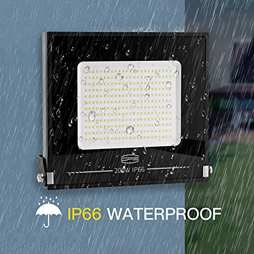 CP3 200W LED Flood Light 2 Pack, Super Bright 17500lm Security Lights with Plug, IP66 Waterproof Outdoor LED Lights, 320° adjustable stand, 5000K Daylight White Work Light for Backyard, Garage, Garden