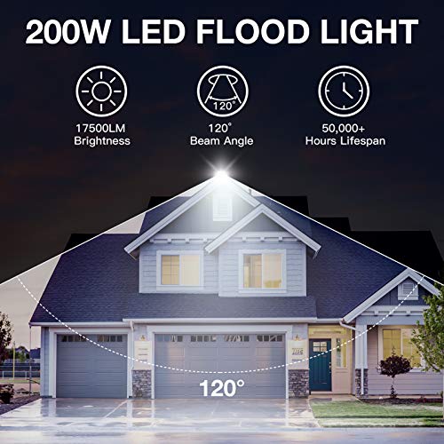 CP3 200W LED Flood Light 2 Pack, Super Bright 17500lm Security Lights with Plug, IP66 Waterproof Outdoor LED Lights, 320° adjustable stand, 5000K Daylight White Work Light for Backyard, Garage, Garden