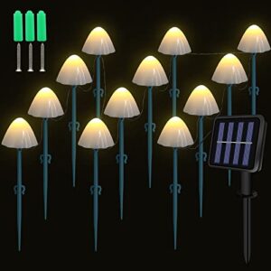 pchero solar mushroom lights outdoor waterproof, 12 led 8 lighting modes mini mushroom fairy string lights for garden yard landscape patio lawn pathway wedding party christmas decor (warm white)