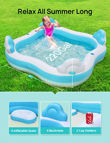 Inflatable Swimming Pool, EVAJOY Inflatable Pool for Kids, Adults, Family-Sized Above Ground Swimming Pool with 4 Seats, 4 Backrests, Cup Holders, for Backyard, Garden, Outdoors, 200 gal