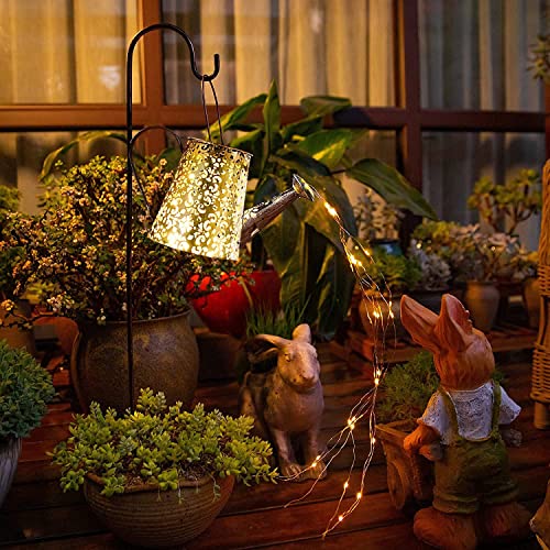 Solar Watering Can Garden Lights - Solar Lights Outdoor Garden Ornaments Waterproof Large Yard Statues Retro Copper Decorations for Home Patio with 35" Shepherd Hook