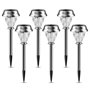 damayca 6 pack solar lights outdoor for garden pathway walkway driveway sidewalk yard stainless steel glass landscape lights solar powered for landscape lighting. (silver, warm light)