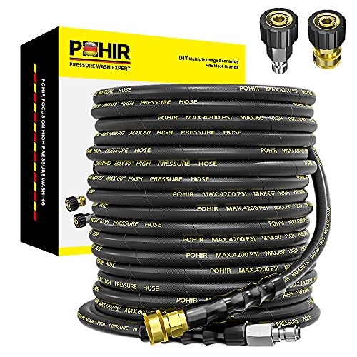 POHIR Pressure Washer Hose 70ft with 3/8" Quick Connector, High Tensile Wire Braided Kink Resistant 1/4 Inch Power Washer Hose 4200 PSI, 2pcs M22 14mm to 3/8" Adapter Set, Multi-Scene Use