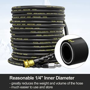 POHIR Pressure Washer Hose 70ft with 3/8" Quick Connector, High Tensile Wire Braided Kink Resistant 1/4 Inch Power Washer Hose 4200 PSI, 2pcs M22 14mm to 3/8" Adapter Set, Multi-Scene Use