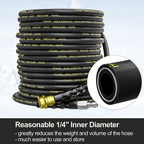 POHIR Pressure Washer Hose 70ft with 3/8" Quick Connector, High Tensile Wire Braided Kink Resistant 1/4 Inch Power Washer Hose 4200 PSI, 2pcs M22 14mm to 3/8" Adapter Set, Multi-Scene Use