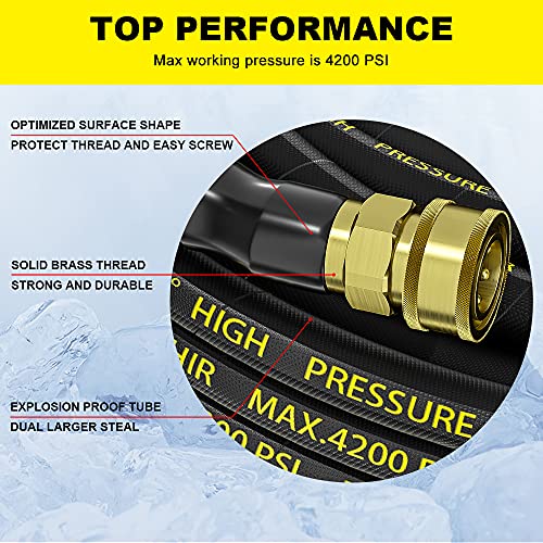 POHIR Pressure Washer Hose 70ft with 3/8" Quick Connector, High Tensile Wire Braided Kink Resistant 1/4 Inch Power Washer Hose 4200 PSI, 2pcs M22 14mm to 3/8" Adapter Set, Multi-Scene Use