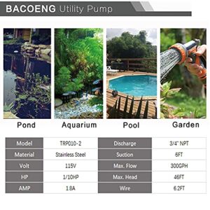 BACOENG Water Transfer Pump, 115V 330 GPH Portable Electric Suction Self-priming Water Utility Pump with 6ft-long Standard Garden Hose for Rain Barrel, Bilge, Yard, Pond And Aquariu