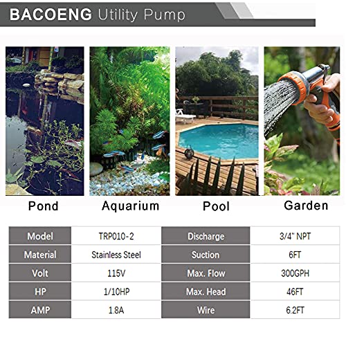 BACOENG Water Transfer Pump, 115V 330 GPH Portable Electric Suction Self-priming Water Utility Pump with 6ft-long Standard Garden Hose for Rain Barrel, Bilge, Yard, Pond And Aquariu