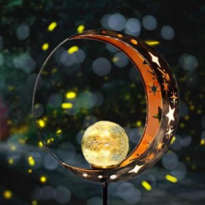 fertgo garden solar light outdoor decorative, moon decor, crackle glass ball metal garden stake light for pathway, lawn, patio, yard