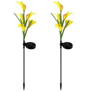 aolyty solar garden lights outdoor decor, multi-color changing led solar calla lily flower ip65 waterpoof landscape lghting for lawn garden yard pathway decoration (yellow, 2 pack)