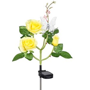 doingart outdoor flower garden lights – solar powered artificial rose flower stake with butterfly color changing lights for garden patio flowerbed decoration (yellow)