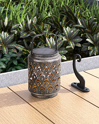 Solar Lanterns Hanging Outdoor Solar Lights with Handle,Waterproof Decorative Garden Light Metal Warm White Landscape Lighting for Garden Patio Courtyard Lawn for Yard Tree Fence Brown