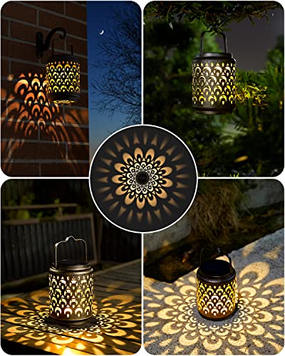 Solar Lanterns Hanging Outdoor Solar Lights with Handle,Waterproof Decorative Garden Light Metal Warm White Landscape Lighting for Garden Patio Courtyard Lawn for Yard Tree Fence Brown