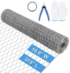 uwioff chicken wire – 16.9” x 315” chicken wire fencing, galvanized hexagonal poultry netting, 0.6 inch wire mesh garden fence animal barrier metal floral chicken wire for crafts garden rabbit