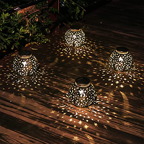 Esgarden 2 Pcs Solar Outdoor Lantern Star Moon Halloween Decorative Hanging Lanterns Light Outside Patio Table Lamp Metal Waterproof Garden Courtyard Walkway Terrace Lawn Gift Halloween Bronze