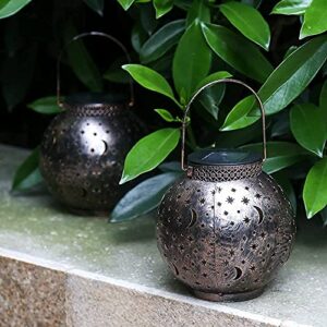 Esgarden 2 Pcs Solar Outdoor Lantern Star Moon Halloween Decorative Hanging Lanterns Light Outside Patio Table Lamp Metal Waterproof Garden Courtyard Walkway Terrace Lawn Gift Halloween Bronze